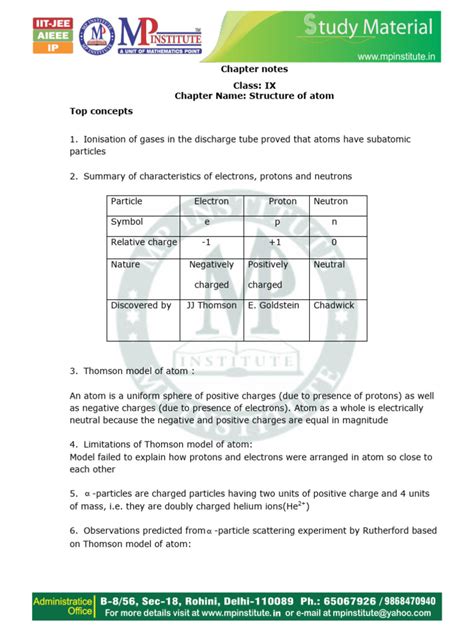 Notes Of Chapter Structure Of Atom Pdf