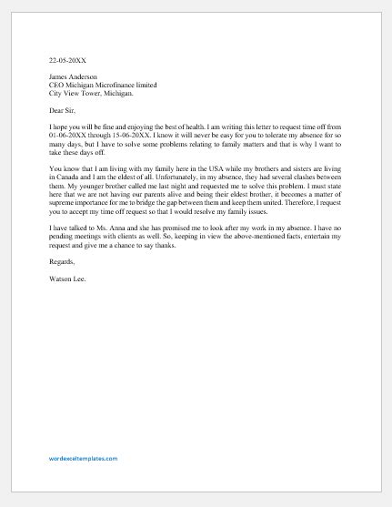 Time Off Request Letters Word Excel Templates