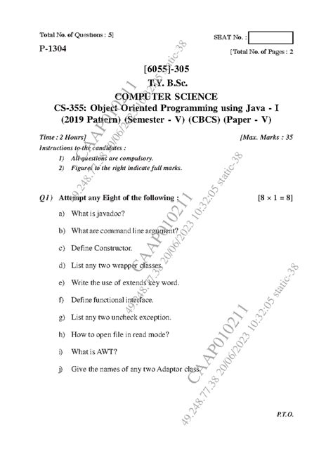Ty Bsc Cs 355 Final Exam Object Oriented Programming In Java I