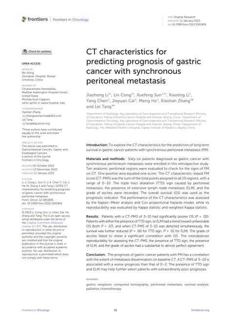 Pdf Ct Characteristics For Predicting Prognosis Of Gastric Cancer With Synchronous Peritoneal