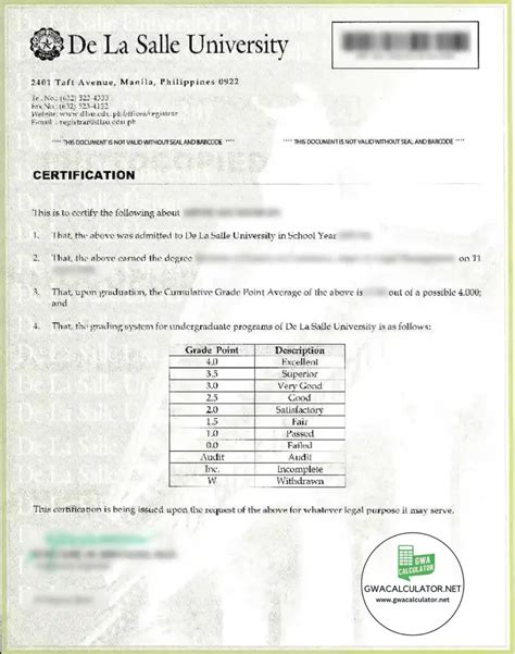 certificate of gwa gwa certificate samples philippines