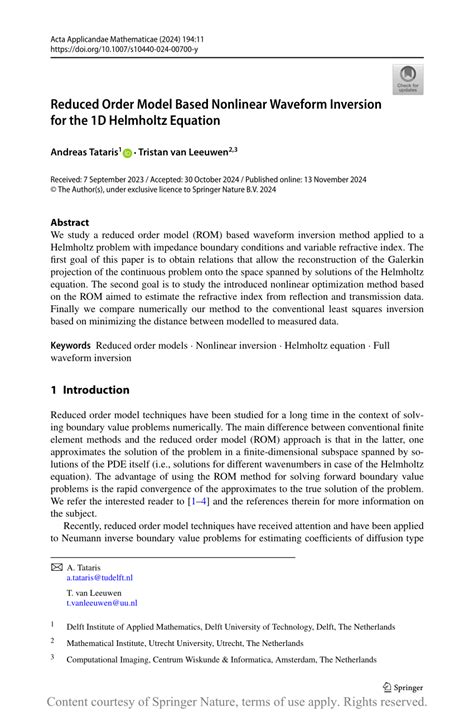 Reduced Order Model Based Nonlinear Waveform Inversion For The 1d Helmholtz Equation Request Pdf