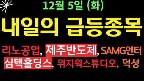 내일의 급등주 리노공업 제주반도체 위지웍스튜디오 심텍홀딩스 넥스트아이 Samg엔터 유니슨 키다리스튜디오 광명전기 덕성 Gh신소재