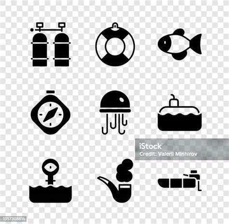 아쿠아룽 구명부표 물고기 잠망경 흡연 파이프 모터 나침반 및 해파리 아이콘이있는 풍선 보트를 설정합니다 벡터 감시에 대한 스톡 벡터 아트 및 기타 이미지 Istock