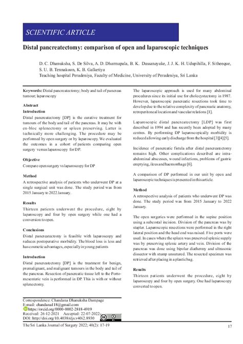 Pdf Distal Pancreatectomy Comparison Of Open And Laparoscopic Techniques J Udupihille