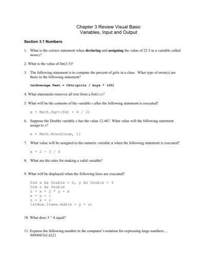 Chapter 3 Review Visual Basic Variables Input And Output