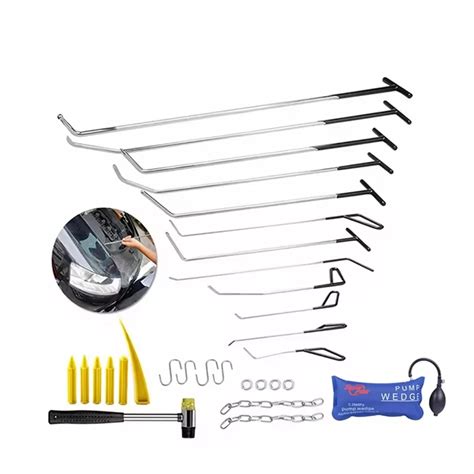 슈퍼 Pdr 12pcs 덴트 제거 후크 푸시로드 도구 자동차 바디 우박 손상 제거제 용 에어 웨지가있는 페인트없는 덴트 수리