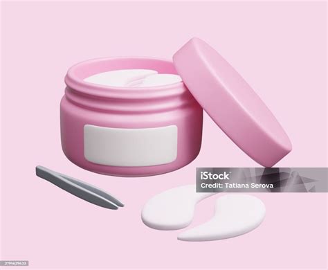 귀여운 만화 스타일 핑크 3d 눈 패치 크림 병 스킨 케어 안티 에이징 페이셜 트리트먼트 하이드로 겔 눈 패치 화장품 포장 디자인 3d 벡터 일러스트 레이 션 한국 메이크업