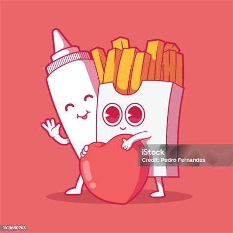 귀여운 감자 튀김과 메이요 캐릭터 벡터 일러스트레이션 프렌치 프라이에 대한 스톡 벡터 아트 및 기타 이미지 프렌치 프라이 케첩 가공의 인물 Istock