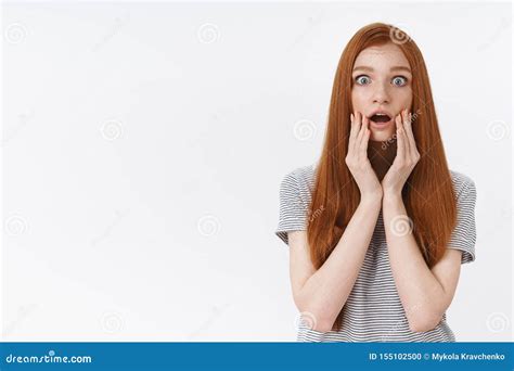 Shocked Speechless Young Timid Cute Redhead Girl Drop Jaw Touch Face Pop Eyes Camera Impressed