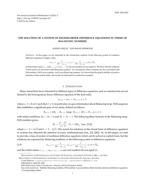Pdf The Solution Of A System Of Higher Order Difference Equations In Terms Of Balancing Numbers