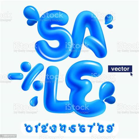 파란색의 맑은 물과 이슬 방울로 만든 숫자가 설정된 판매 글자 3d 현실적인 플라스틱 만화 풍선 스타일입니다 3차원 형태에 대한 스톡 벡터 아트 및 기타 이미지 Istock