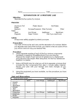 Middle Babe Inquiry Based Separation Of Mixtures Lab MYP NGSS Chemistry