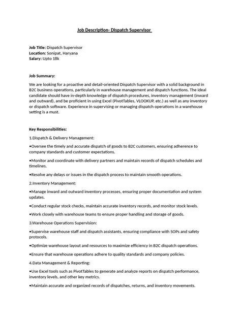 Jd Dispatch Supervisor Pdf Warehouse Inventory