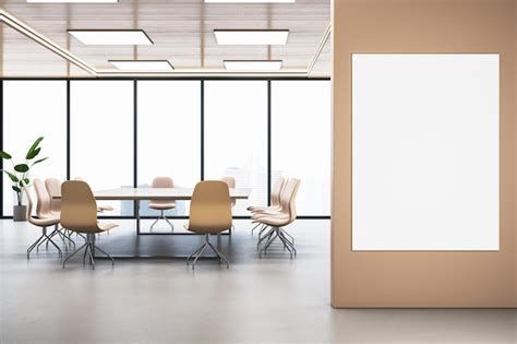 현대적인 밝은 회의실 인테리어는 벽 가구에 빈 색 모의 배너와 도시 전망을 가진 파노라마 창문 3d 렌더링 프리미엄 사진