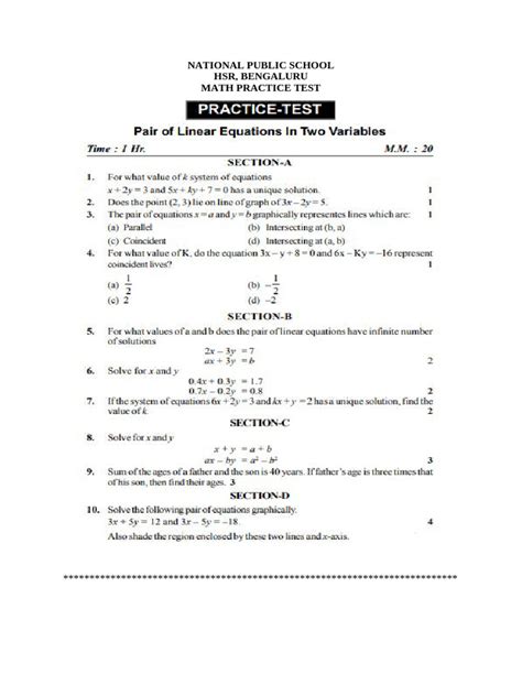 Practice Test Linear Equations Pdf