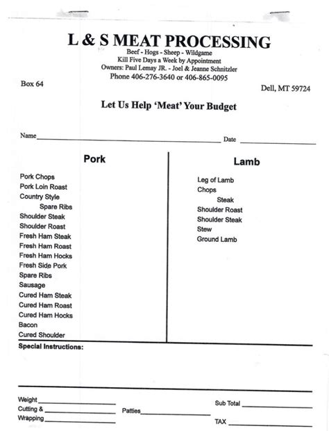Cut Sheet L And S Meat Processing