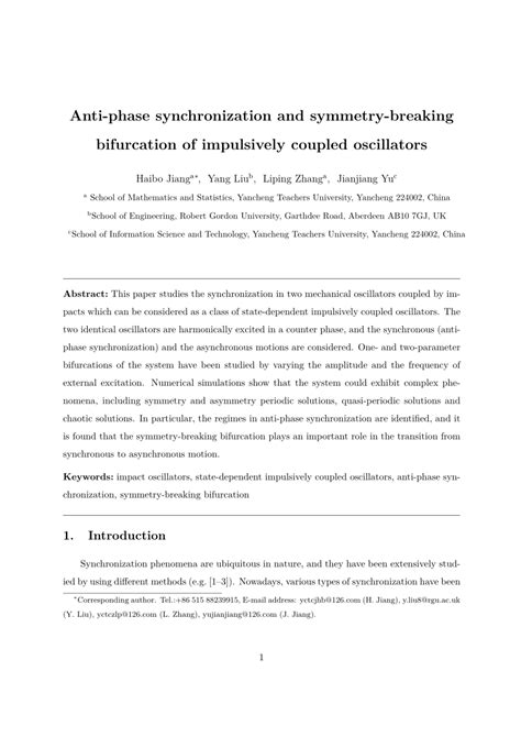 Pdf Anti Phase Synchronization And Symmetry Breaking Bifurcation Of Impulsively Coupled