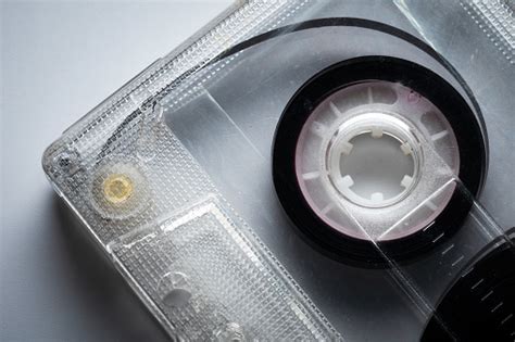 Closeup Of A Classic Audio Cassette Tape With Magnetic Tape Inside