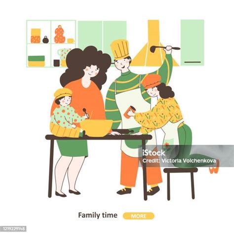 가족 함께 요리 플랫 만화 벡터 일러스트 가족 집 벡터 그림입니다 요리하기 음식 준비에 대한 스톡 벡터 아트 및 기타 이미지 요리하기 음식 준비 어머니 가정 주방