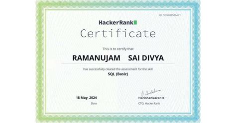 Ramanujam Sai Divya On Linkedin Hackerrank Skill Certificate