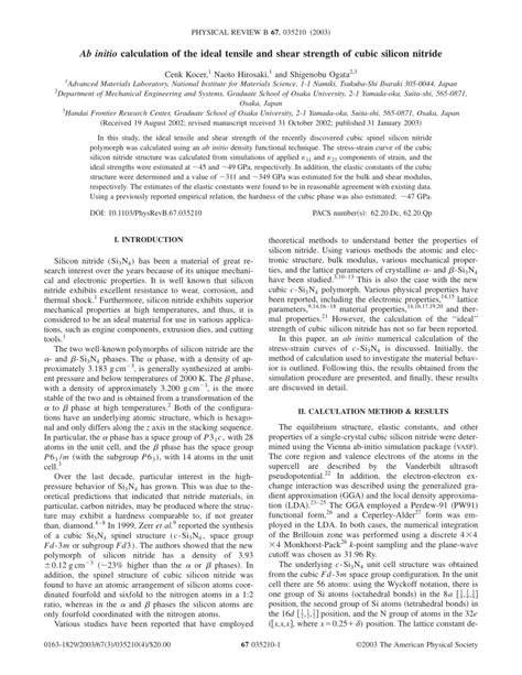 Pdf Ab Initio Calculation Of The Ideal Tensile And Shear Strength Of Cubic Silicon Nitride