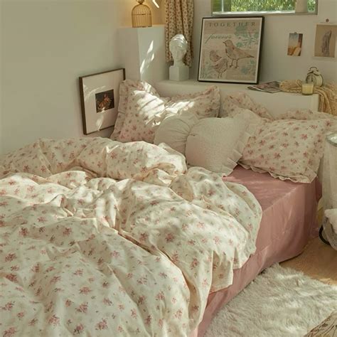 Pink Floral Ruffled Duvet Cover Set インテリアデザイン インテリア 家具 インテリア
