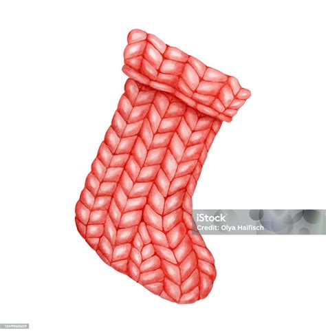 수채화 크리스마스 스타킹 일러스트 흰색 배경에 고립 된 손으로 그린 빨간 니트 양말 핸드메이드 윈터 니트웨어 드로잉 12월에 대한 스톡 벡터 아트 및 기타 이미지 Istock