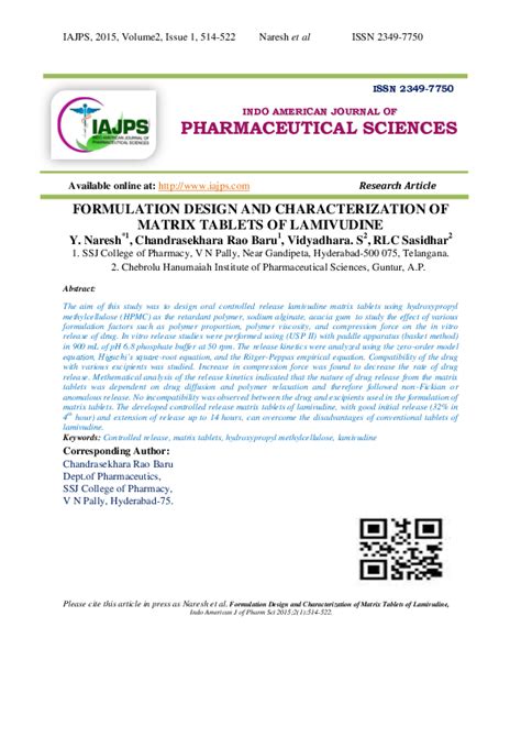 Pdf Formulation Design And Characterization Of Matrix Tablets Of Lamivudine Y Naresh1