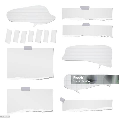 흰색 바탕에 끈적끈적한 테이프와 노트북 종이 스트립 시트 연설 거품 텍스트 또는 메시지에 대 한 붙어 통치와 빈 노트를 찢 어 0명에 대한 스톡 벡터 아트 및 기타 이미지