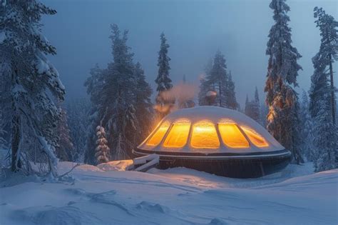 Ufo Shaped Illuminated Room In Snowy Swedish Lapland Forest Premium