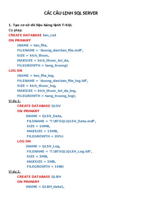 CÁc CÂu LỆnh Trong Sql Server CÁc CÂu LỆnh Sql Server Tạo Cơ Sở Dữ