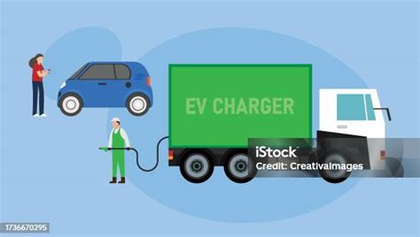 Ev 충전기 트럭의 도움으로 배터리가 부족한 Ev 자동차 사용자 전기자동차 충전소에 대한 스톡 벡터 아트 및 기타 이미지 전기자동차 충전소 3차원 형태 깨끗한