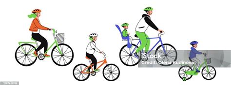 흰색 배경에 고립 된 자전거에 세 명의 자녀와 함께하는 가족 에코 운송 개념 자연을 보살핍니다 스포츠 벡터 플랫 라인 낙서 그림 단순함에 대한 스톡 벡터 아트 및 기타
