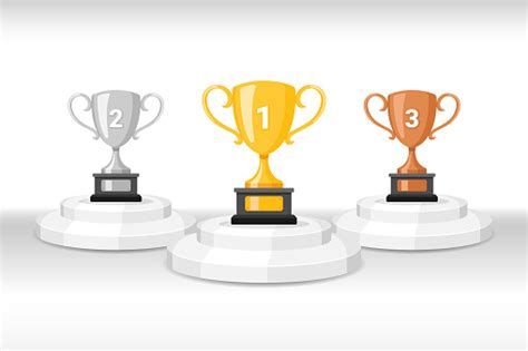 골드 실버 브론즈 트로피 컵 게임 우승자 상금 컵 잔 상 아이콘 벡터 일러스트 라운드 받침대에 1에 대한 스톡 벡터 아트 및 기타 이미지 Istock