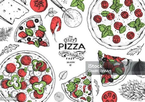 이탈리아 피자와 재료 탑 뷰 프레임 이탈리아 음식 메뉴 디자인 템플릿 빈티지 손으로 그린 스케치 벡터 일러스트 각인된 스타일 일러스트레이션입니다 메뉴용 피자 라벨 이탈리아에