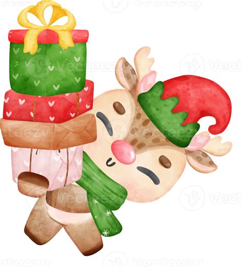 Cute Joyfull Christmas Reindeer Holding Stack T Boxes Cartoon