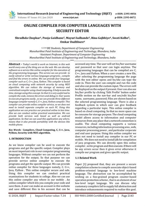 Irjet Online Compiler For Computer Languages With Security Editor Pdf