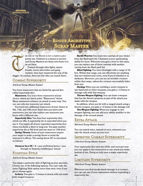Rogue Subclass Scrap Master A Battle Master Variant For The Rogue Runearthedarcana