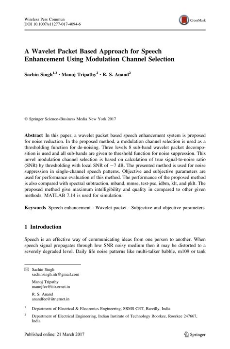 Pdf A Wavelet Packet Based Approach For Speech Enhancement Using