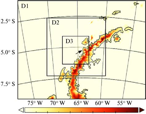 The Polar WRF Nested Domains And Topography The Arrow Points At The
