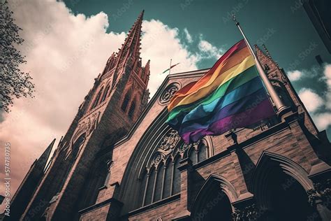Lgbt Rainbow Pride Flag In Front Of The Catholic Church Stock