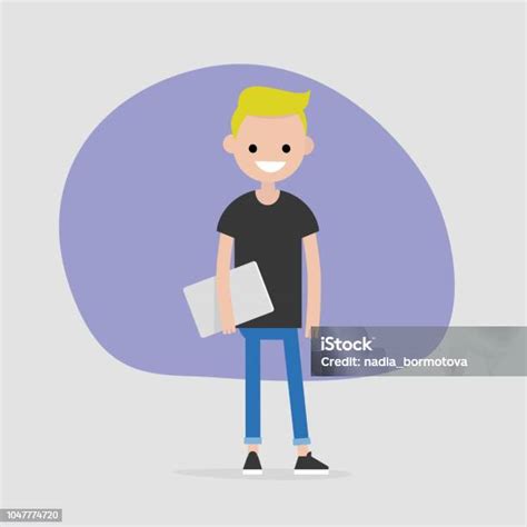 노트북을 들고 젊은 남성 캐릭터 현대 사무실 노동자입니다 천년 생활양식입니다 평면 편집 가능한 벡터 일러스트 레이 션 클립 아트 Z세대에 대한 스톡 벡터 아트 및 기타