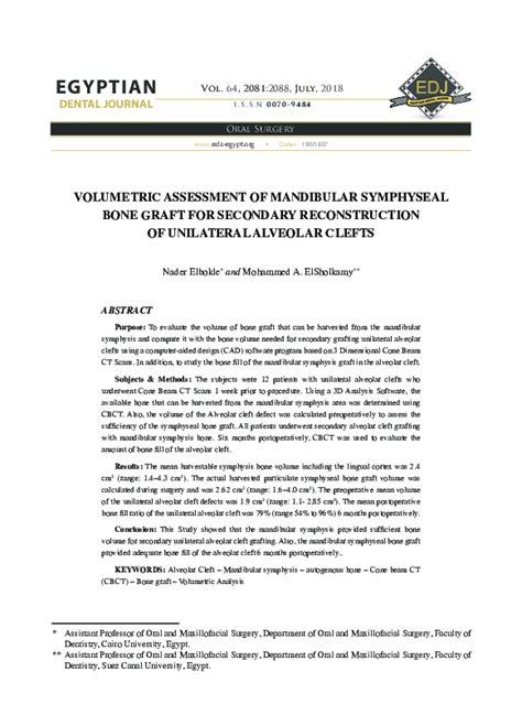 Pdf Volumetric Assessment Of Mandibular Symphyseal Bone Graft For Secondary Reconstruction Of