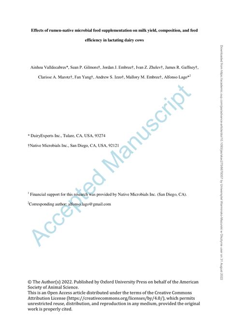 Pdf Effects Of Rumen Native Microbial Feed Supplementation On Milk Yield Composition And