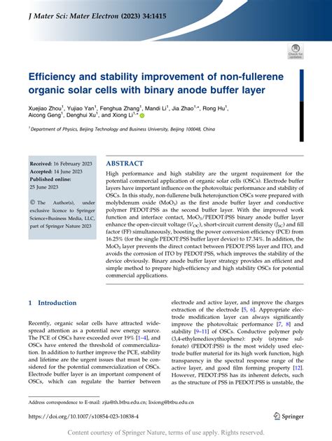 Efficiency And Stability Improvement Of Non Fullerene Organic Solar