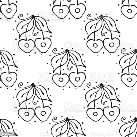 벡터 과일 그림입니다 완벽 한 패턴 벚꽃 잎 흰색 바탕에 장식 요소입니다 손으로 그린된 등고선과 선 낙서 스타일 그래픽 벡터 일러스트 레이 션 검은색에 대한 스톡 벡터 아트