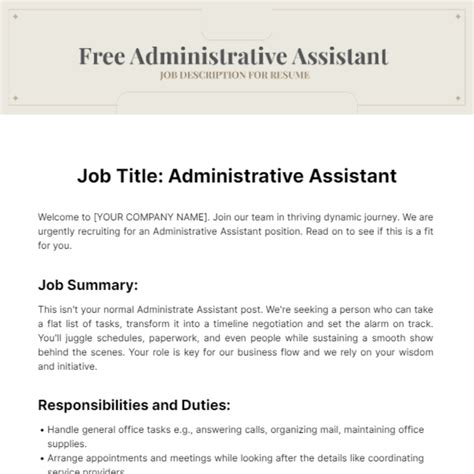 Free Administrative Assistant Job Description For Resume Template To Edit Online