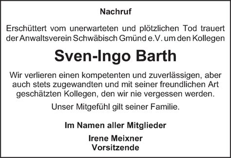 Traueranzeigen Von Sven Ingo Barth Ostalbtrauer