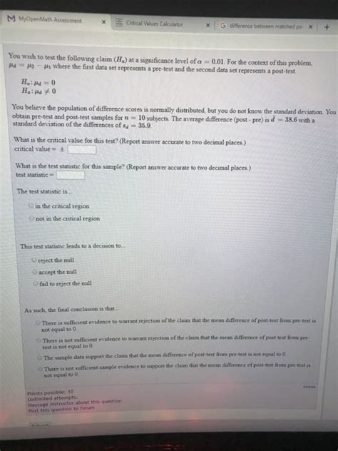Solved M Myopen Math Assessment Critical Values Calculator X
